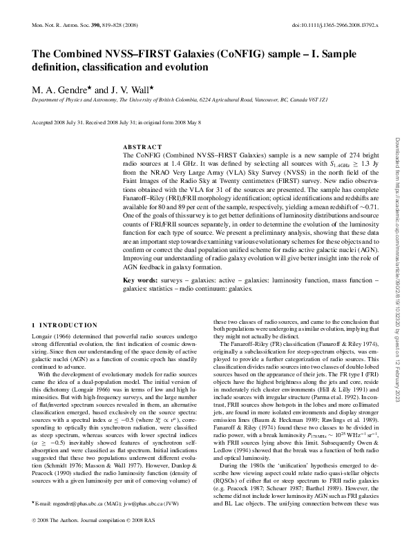 (PDF) The Combined NVSS-FIRST Galaxies (CoNFIG) sample - I. Sample ...