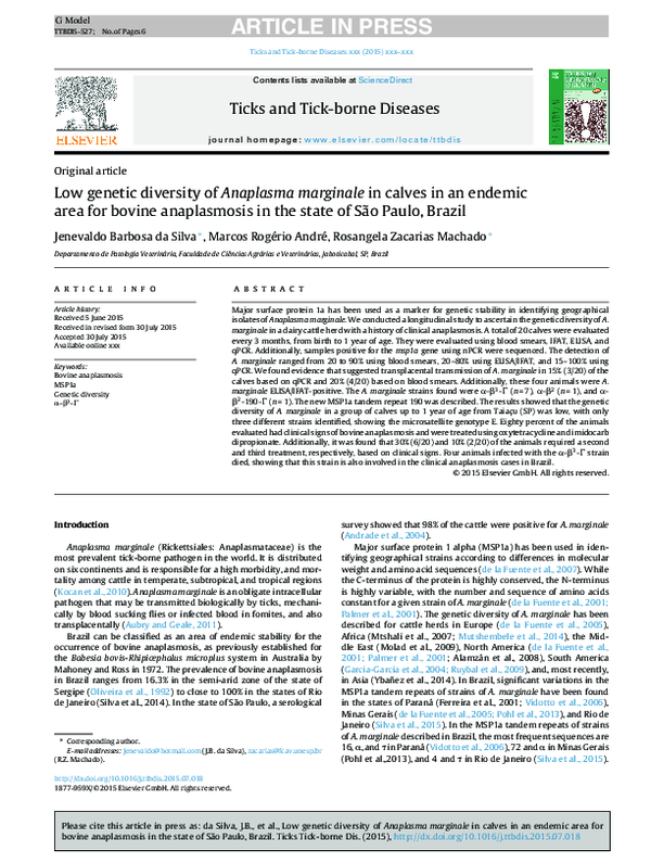 (PDF) Low genetic diversity of Anaplasma marginale in calves in an ...