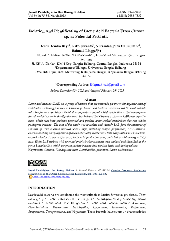 (PDF) Isolation and Identification of Lactic Acid Bacteria from Channa sp. as Potential Probiotic