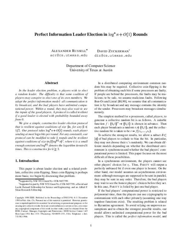 (PDF) Perfect Information Leader Election in log*n+O(1) Rounds
