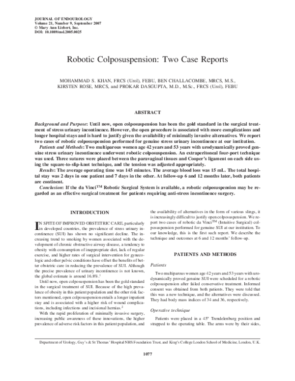 (PDF) Robotic Colposuspension: Two Case Reports | Seraj Khan - Academia.edu