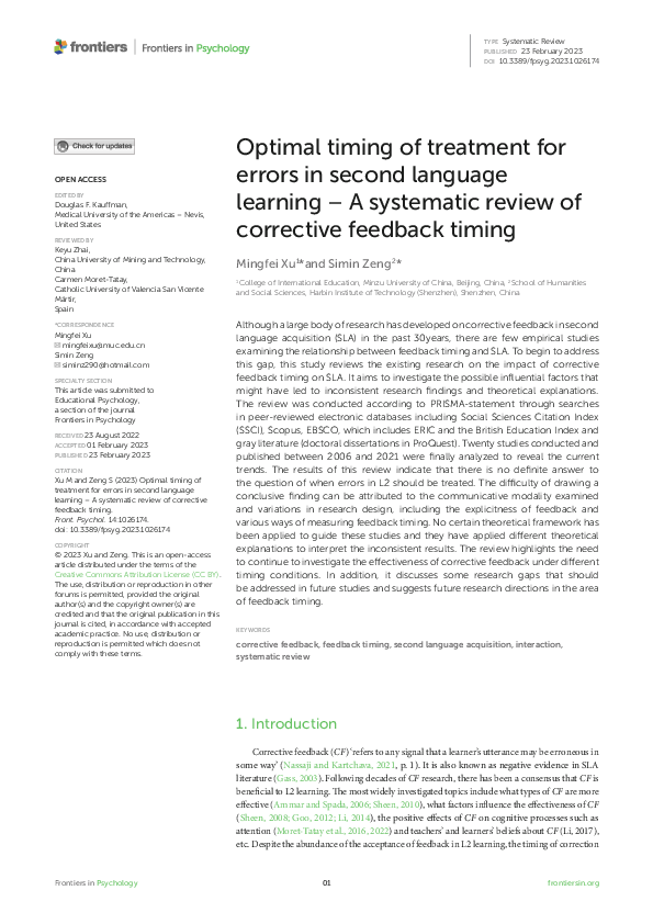 (PDF) Optimal timing of treatment for errors in second language learning – A systematic review ...