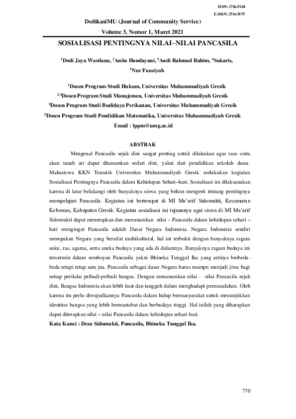 (PDF) Sosialisasi Pentingnya Nilai–Nilai Pancasila