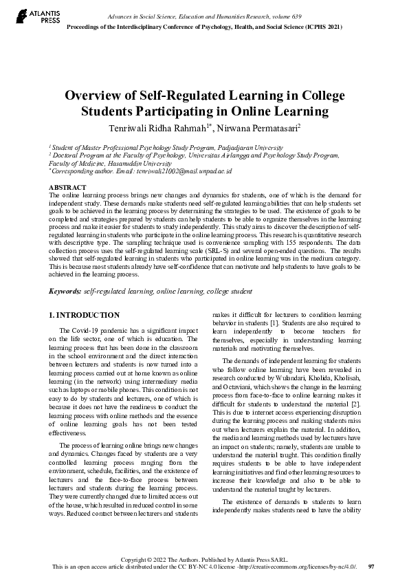 (PDF) Overview of Self-Regulated Learning in College Students Participating in Online Learning