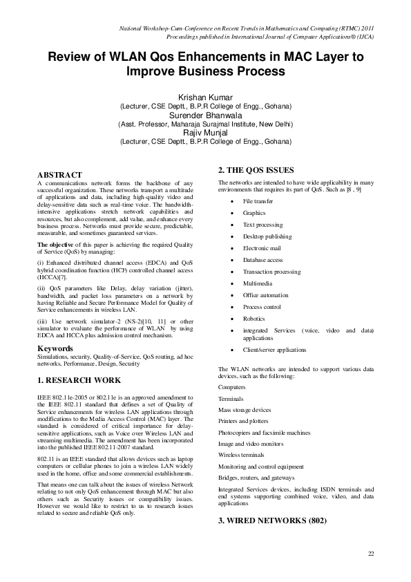 (PDF) Review of WLAN QoS Enhancements in MAC layer to improve business Process
