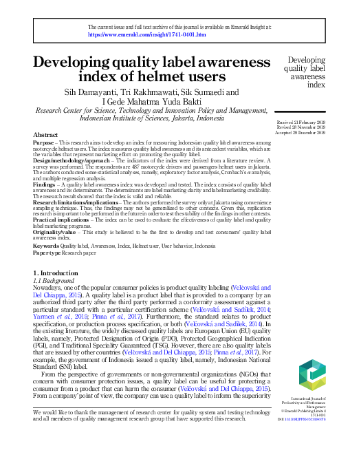 (PDF) Developing quality label awareness index of helmet users