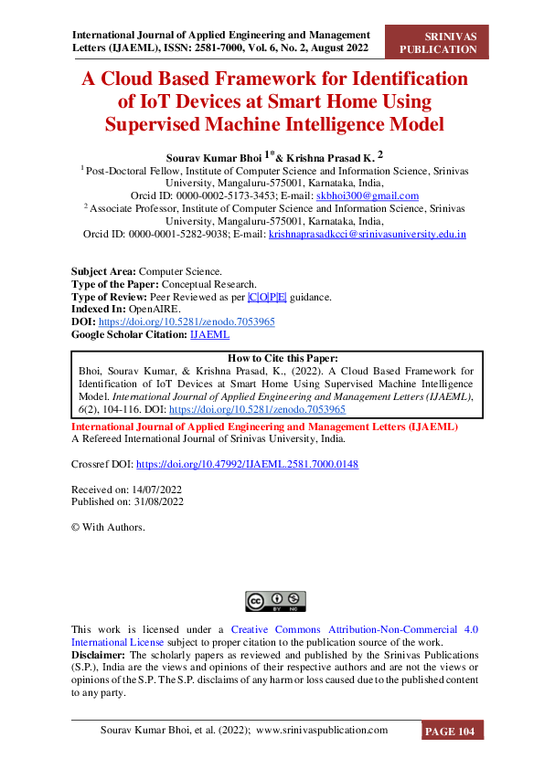(PDF) A Cloud Based Framework for Identification of IoT Devices at Smart Home Using Supervised ...