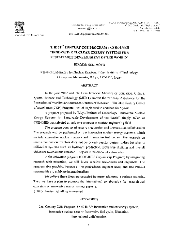(PDF) The 21ST century coe program: COE-INES “innovative nuclear energy systems for sustainable ...