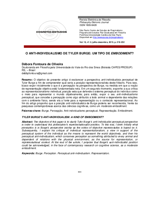 (PDF) O Anti-Individualismo de Tyler Burge: um tipo de embodiment?