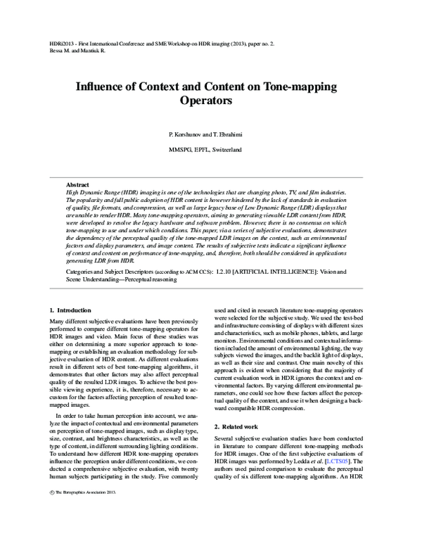 (PDF) Influence of Context and Content on Tone-mapping Operators
