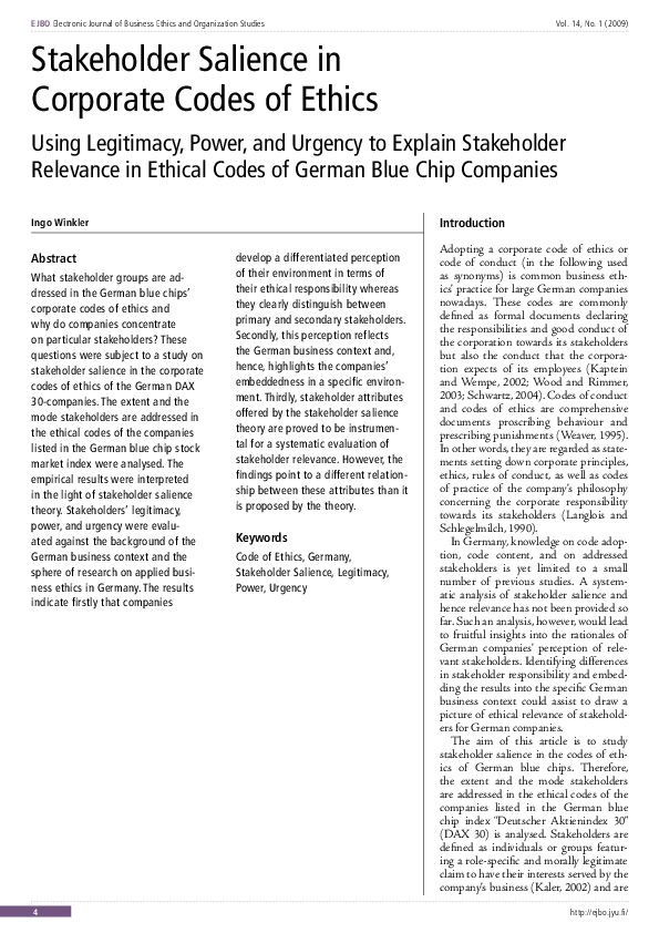 (PDF) Stakeholder Salience in Corporate Codes of Ethics-Using ...