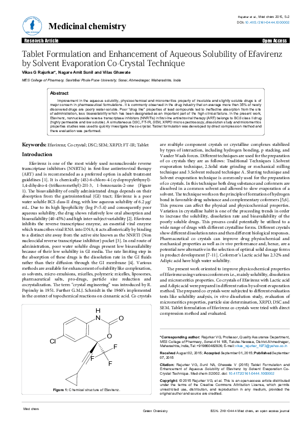 Pdf Tablet Formulation And Enhancement Of Aqueous Solubility Of Efavirenz By Solvent