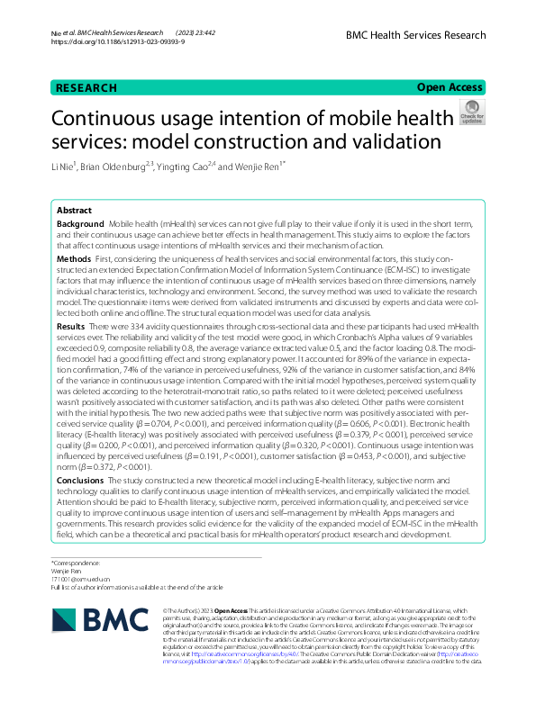 Pdf Continuous Usage Intention Of Mobile Health Services Model