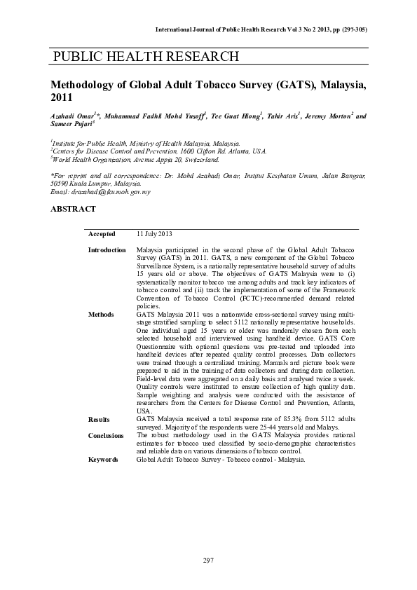(PDF) Methodology of Global Adult Tobacco Survey (GATS), Malaysia, 2011 ...