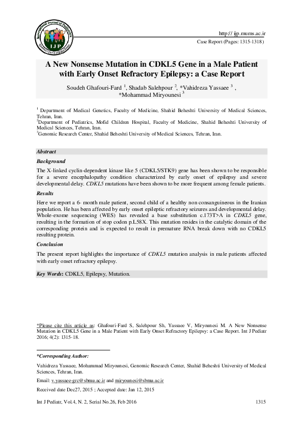 (PDF) A New Nonsense Mutation in CDKL5 Gene in a Male Patient with ...