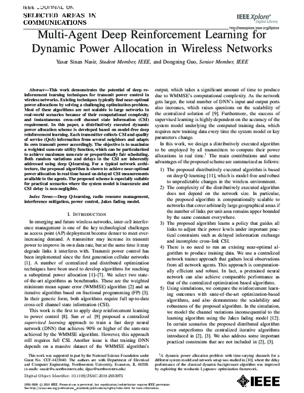 (PDF) Multi-Agent Deep Reinforcement Learning for Dynamic Power Allocation in Wireless Networks