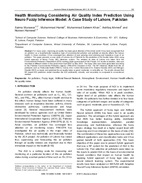 Pdf Health Monitoring Considering Air Quality Index Prediction Using Neuro Fuzzy Inference