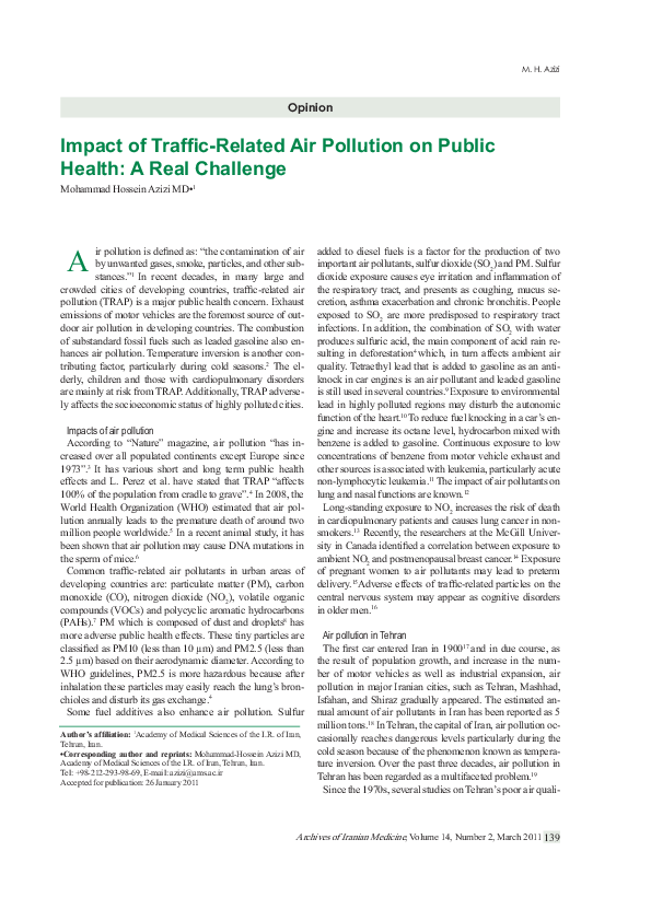 (PDF) Impact of Traffic-Related Air Pollution on Public Health: A Real ...