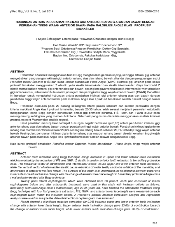 (PDF) HUBUNGAN ANTARA PERUBAHAN INKLINASI GIGI ANTERIOR RAHANG ATAS DAN ...