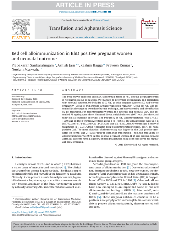 (PDF) Red cell alloimmunization in RhD positive pregnant women and ...