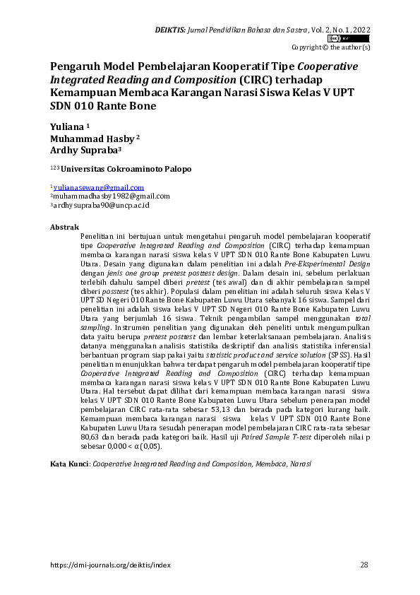 (PDF) Pengaruh Model Pembelajaran Kooperatif Tipe Cooperative Integrated Reading and Composition ...