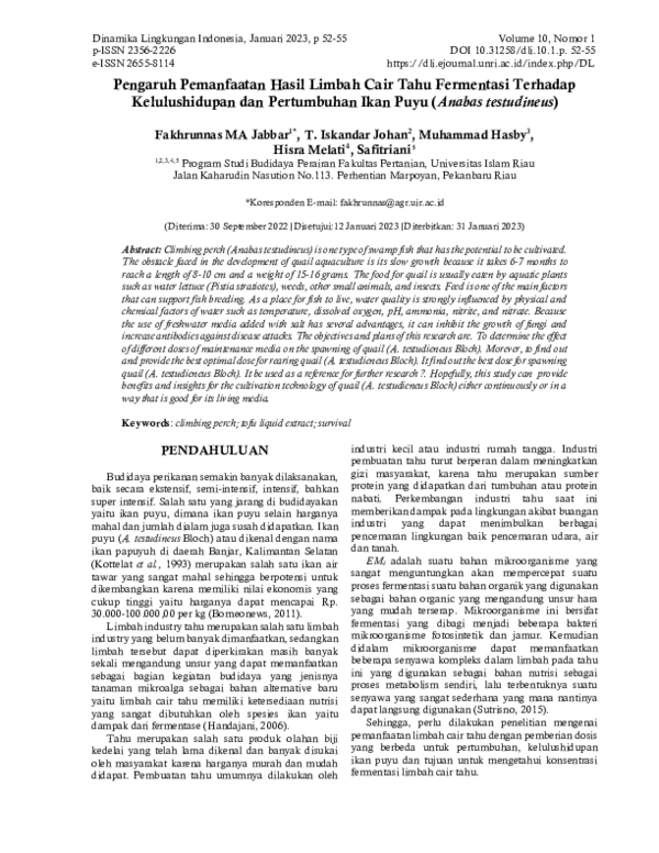 (PDF) Pengaruh Pemanfaatan Hasil Limbah Cair Tahu Fermentasi Terhadap Kelulushidupan dan ...
