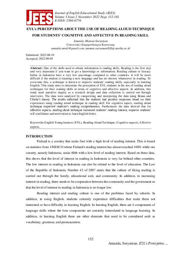 (PDF) EYL's PERCEPTIONS ABOUT THE USE OF READING ALOUD TECHNIQUE FOR STUDENTS' COGNITIVE AND ...