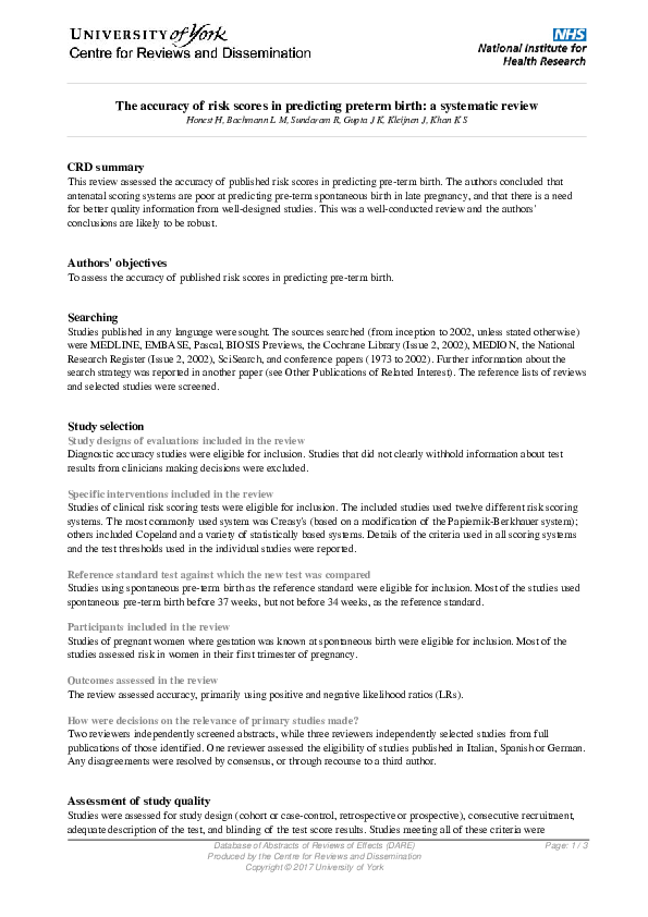 (PDF) The accuracy of risk scores in predicting preterm birth—a systematic review