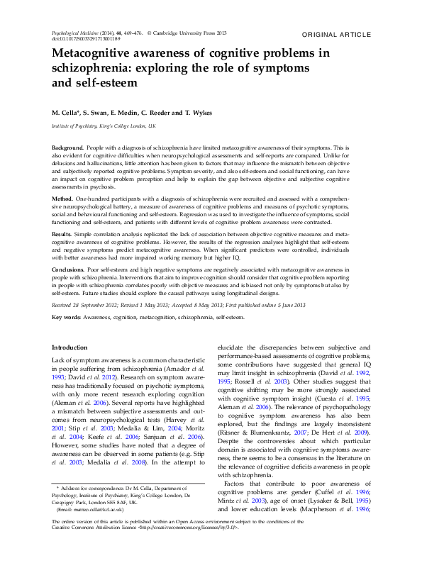 (PDF) Metacognitive awareness of cognitive problems in schizophrenia: exploring the role of ...