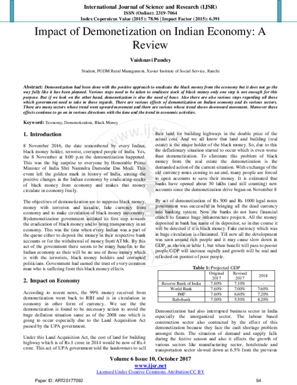 (PDF) Impact of Demonetization on Indian Economy: A Review | Vaishnavi ...