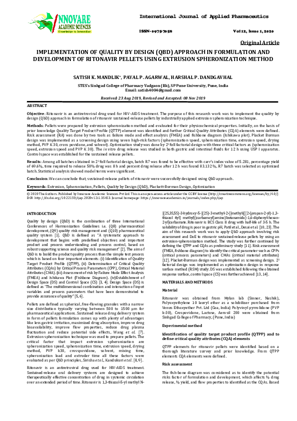 Pdf Implementation Of Quality By Design Qbd Approach In Formulation And Development Of