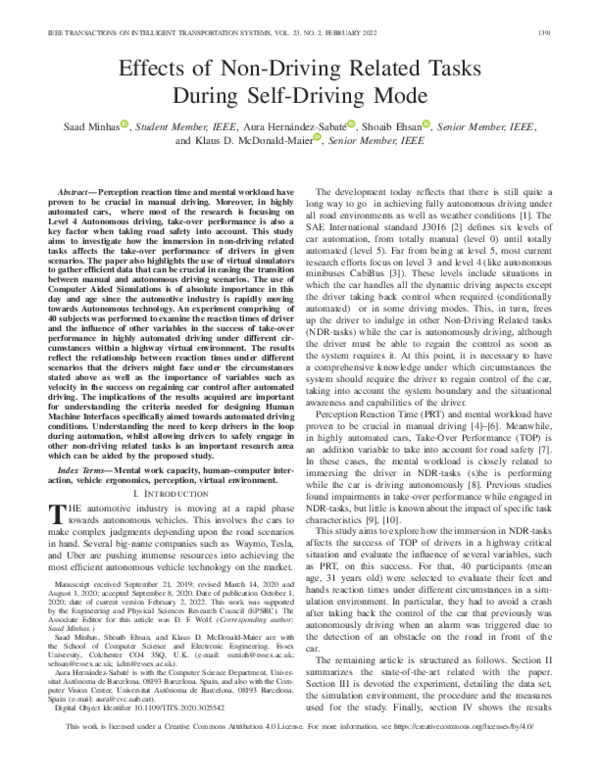 (PDF) Effects of Non-Driving Related Tasks During Self-Driving Mode