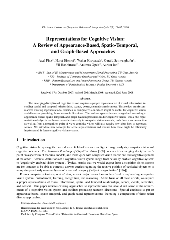 Pdf Representations For Cognitive Vision A Review Of Appearance Based