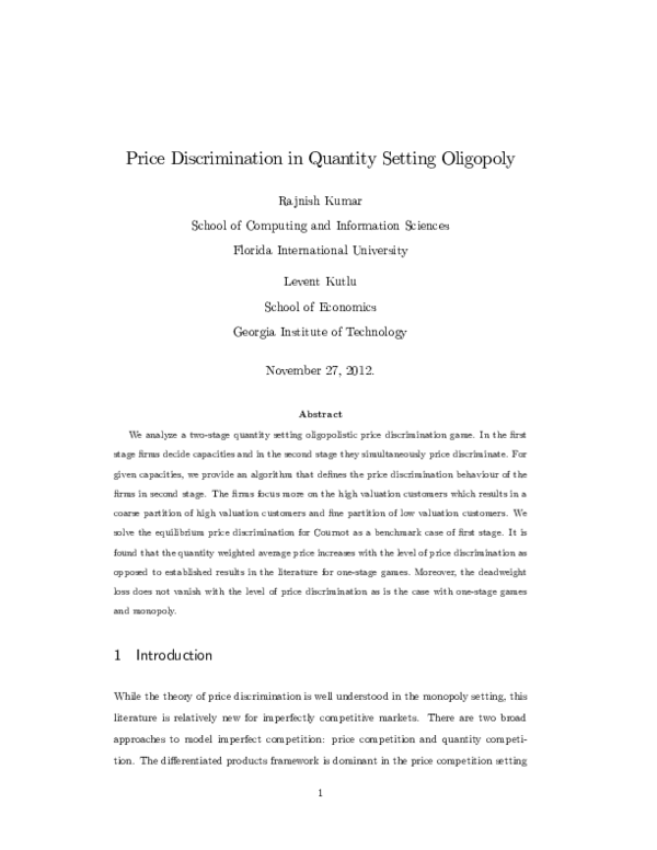 (PDF) Price Discrimination in Quantity Setting Oligopoly
