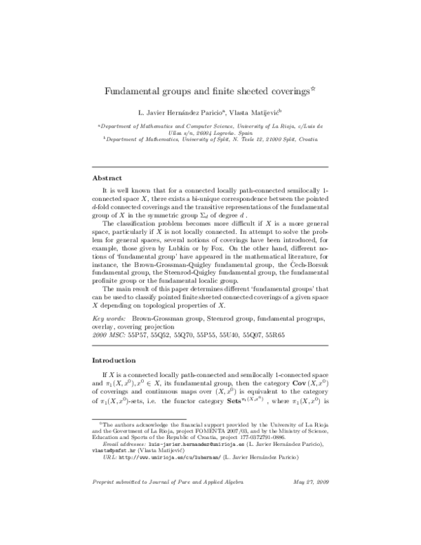 (PDF) Fundamental groups and finite sheeted coverings