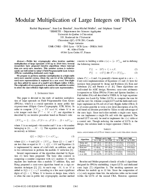 (PDF) Modular Multiplication of Large Integers on FPGA