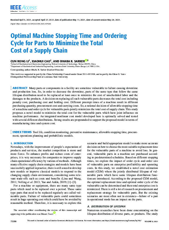 (PDF) Optimal Machine Stopping Time and Ordering Cycle for Parts to Minimize the Total Cost of a ...