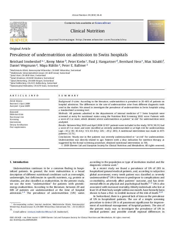 (PDF) Prevalence of undernutrition on admission to Swiss hospitals