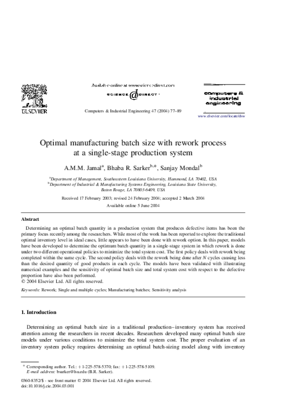 (PDF) Optimal manufacturing batch size with rework process at a single-stage production system