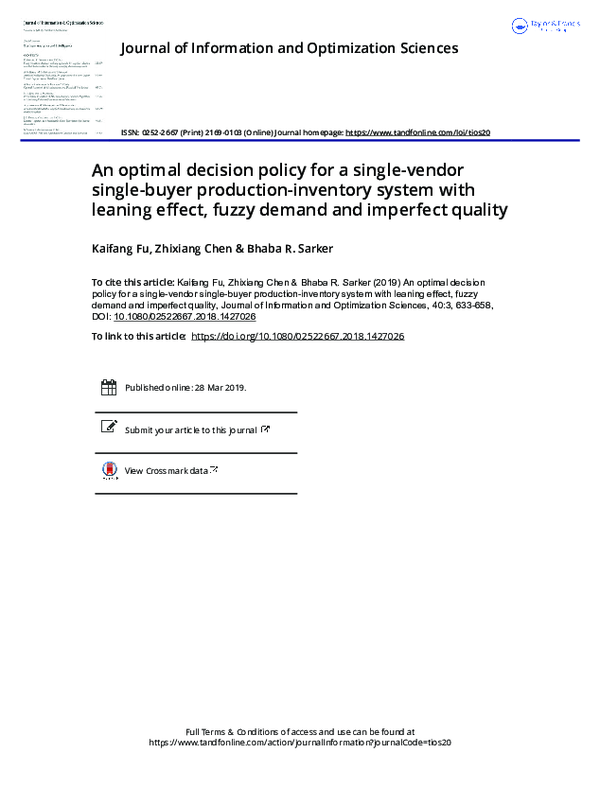 Pdf An Optimal Decision Policy For A Single Vendor Single Buyer Production Inventory System