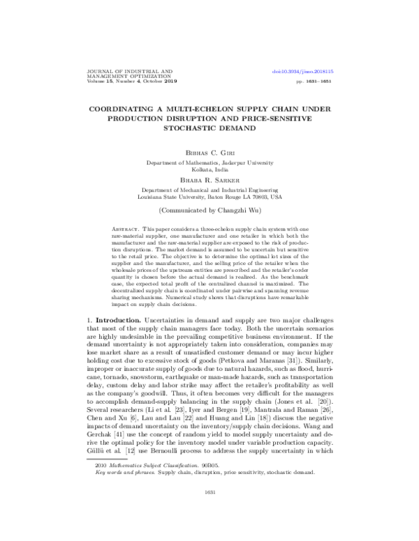 Pdf Coordinating A Multi Echelon Supply Chain Under Production Disruption And Price Sensitive