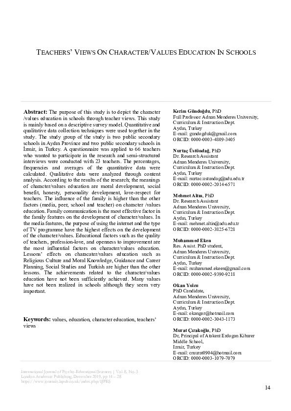 (PDF) Teachers’ Views on Character/Values Education in Schools