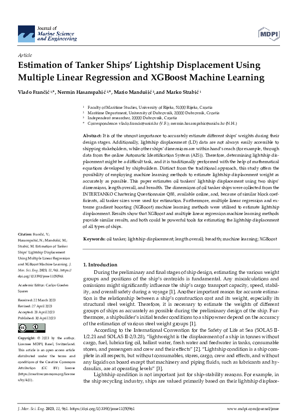 Pdf Estimation Of Tanker Ships Lightship Displacement Using Multiple Linear Regression And