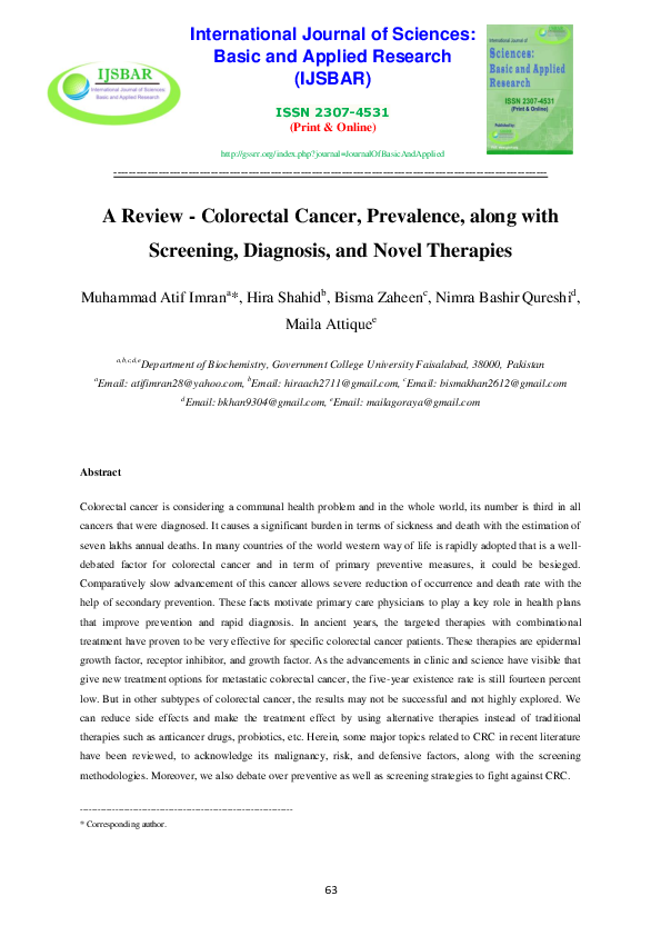 Pdf A Review Colorectal Cancer Prevalence Along With Screening