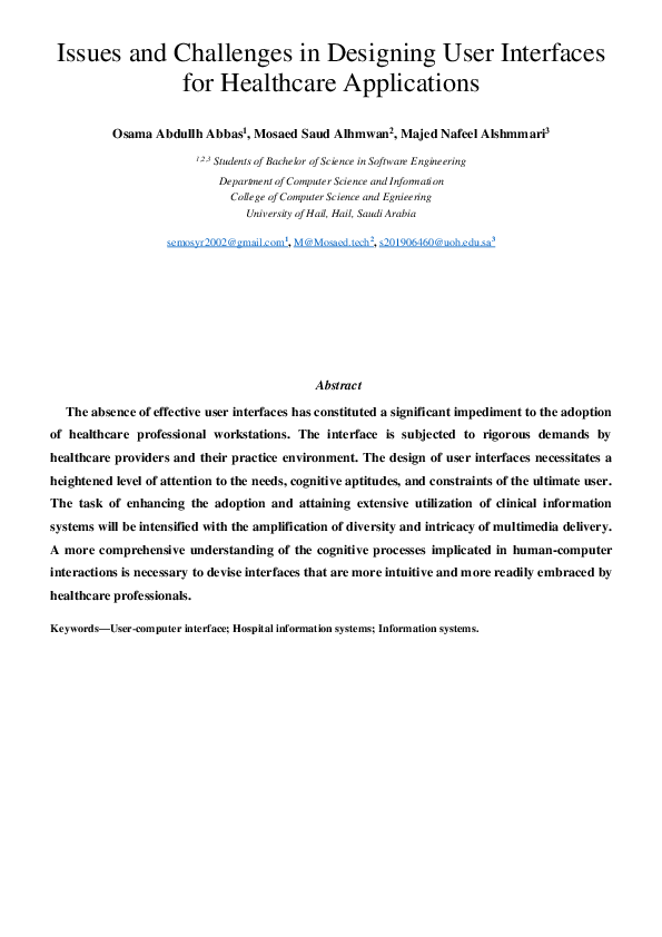 (PDF) Issues and Challenges in Designing User Interfaces for Healthcare Applications | Soft Engg ...