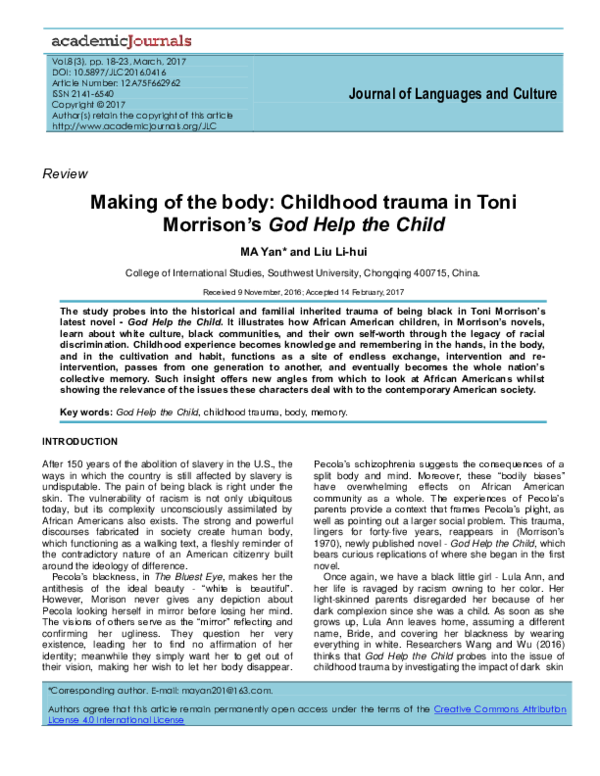 (PDF) Making of the body: Childhood trauma in Toni Morrisons God Help ...