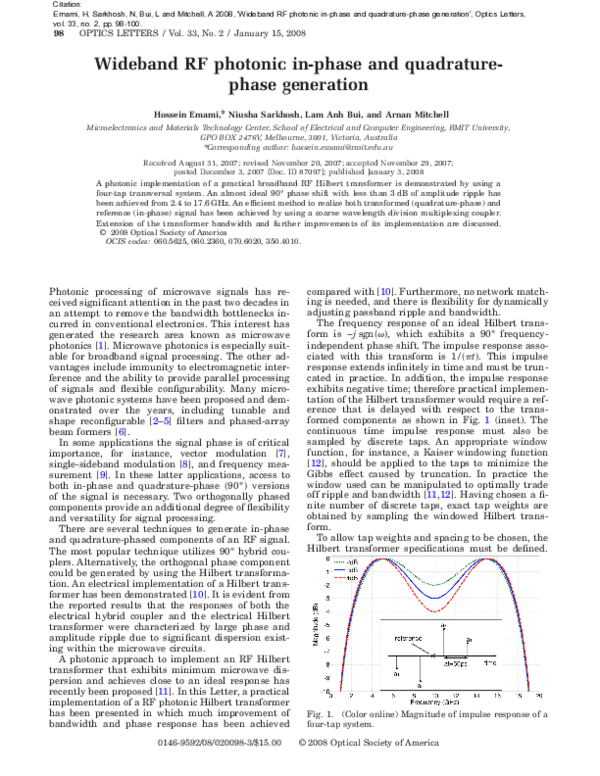 (PDF) Wideband RF photonic in-phase and quadrature-phase generation