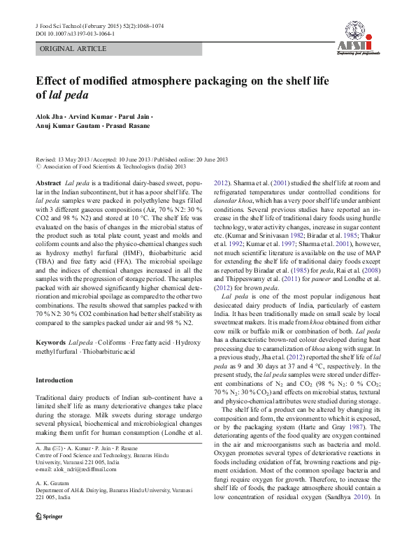 Effect of modified atmosphere packaging on the shelf life of lal peda