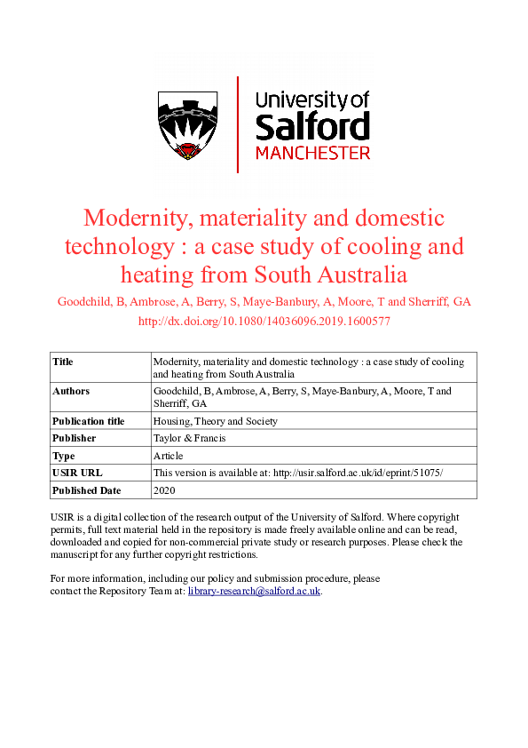 (PDF) Modernity, Materiality and Domestic Technology: A Case Study of ...