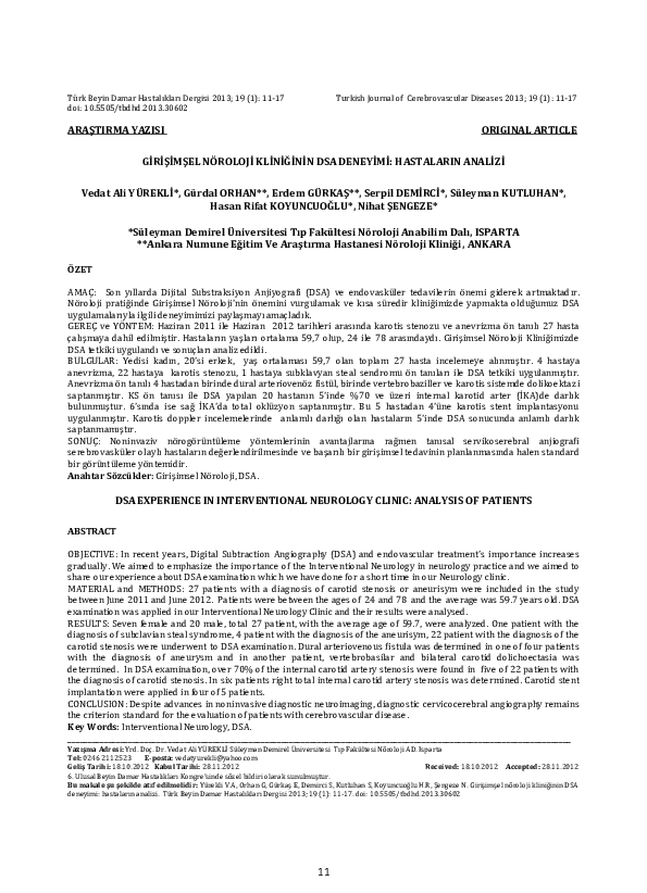 (PDF) DSA Experience In Interventional Neurology Clinic: Analysis of Patients